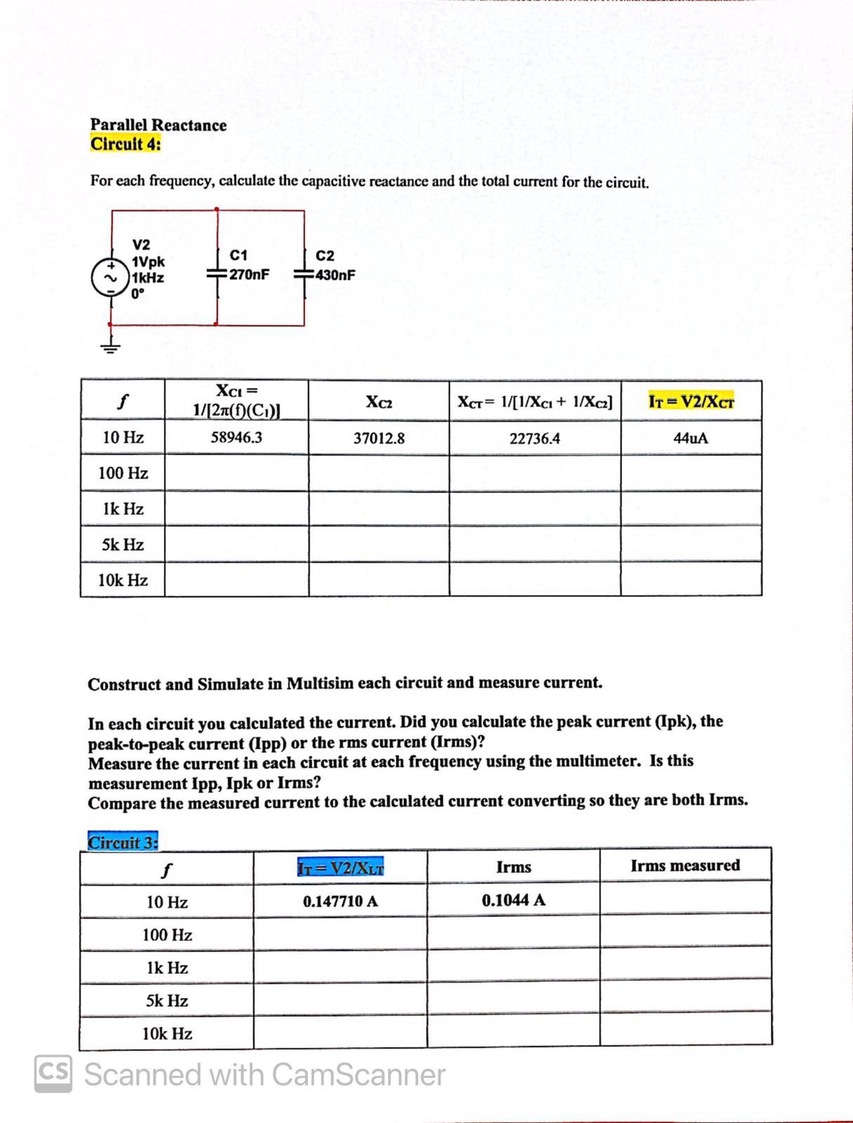 Solved Parallel Reactance Circuit 4: For each frequency, | Chegg.com