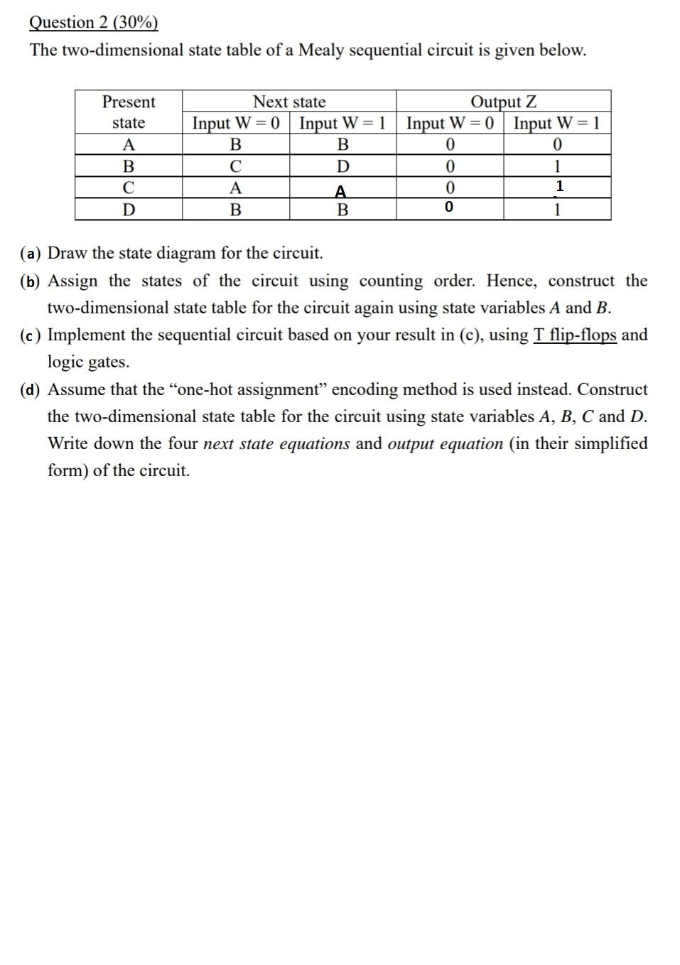 Solved Question 2 (30%) The two-dimensional state table of a | Chegg.com
