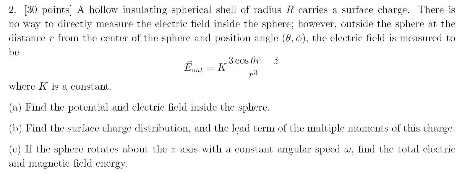 Solved 2. [30 points] A hollow insulating spherical shell of | Chegg.com