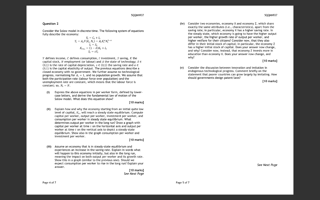 Solved 5QOMN937 5QOMN937 Question 2 Consider the Solow model | Chegg.com