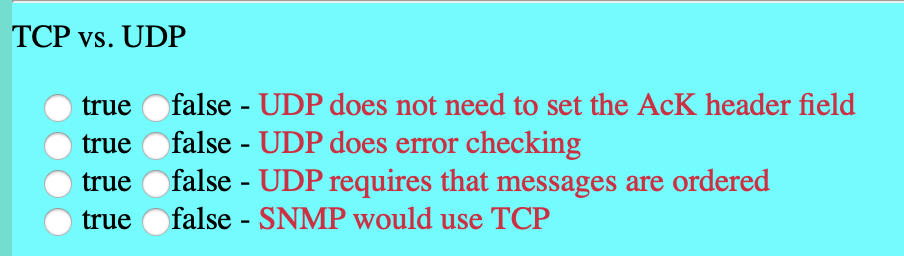 Solved TCP vs. UDP true false - UDP does not need to | Chegg.com