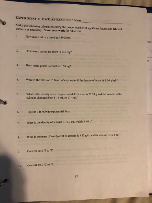 Solved EXPERIMENT 1: POSTLAB EXERCISE Name Make the | Chegg.com