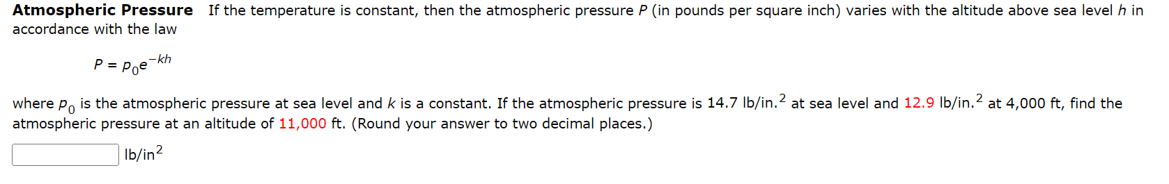 Solved P=p0e−kh where p0 is the atmospheric pressure at sea | Chegg.com
