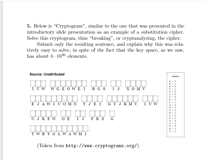 Solved 5. Below is "Cryptogram", similar to the one that was | Chegg.com