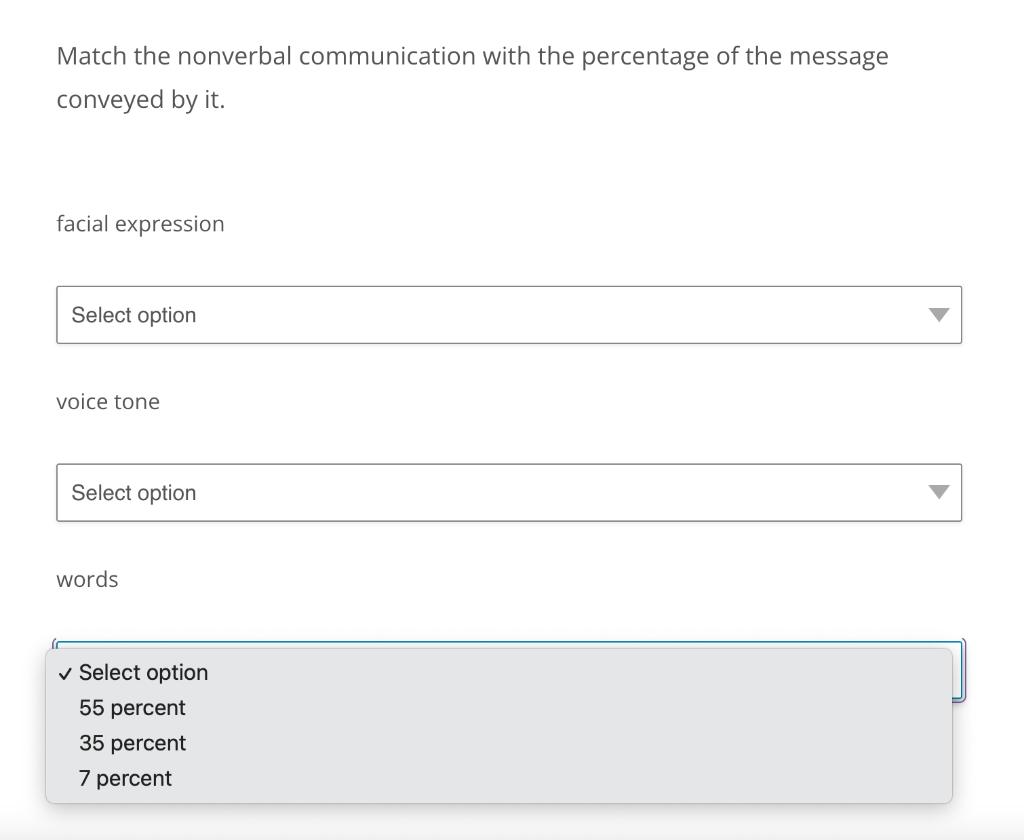 Solved Match the nonverbal communication with the percentage | Chegg.com
