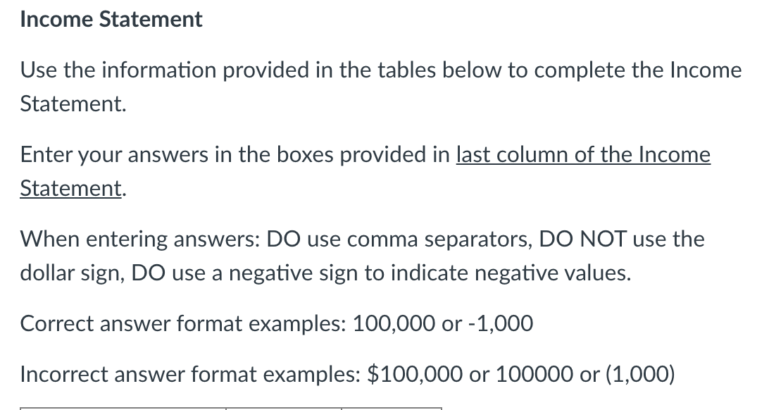 Income Statement Use the information provided in the | Chegg.com
