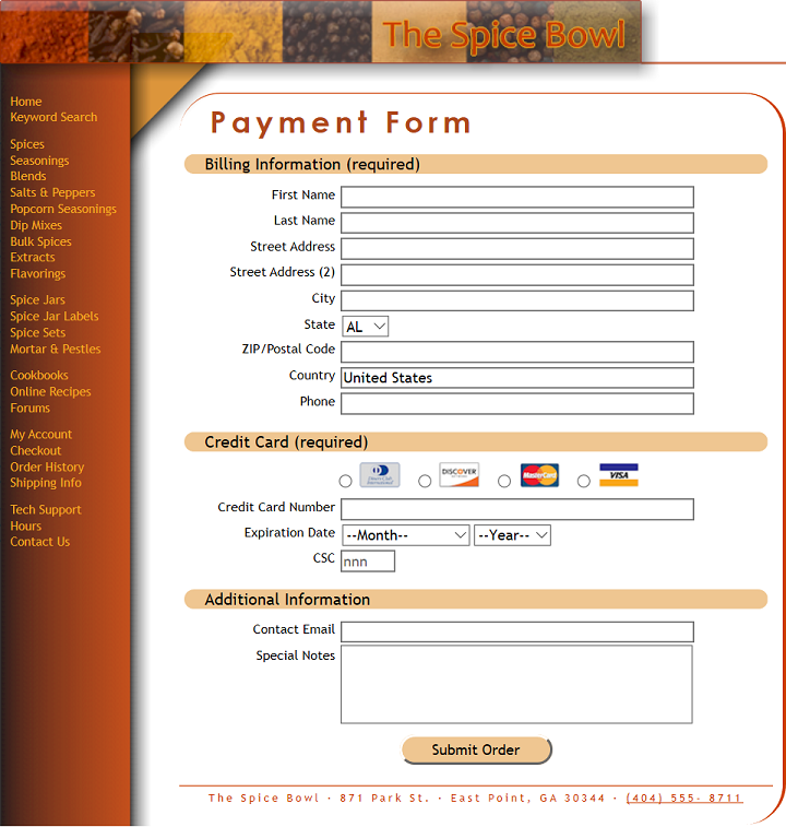 Spice Bowl payment form HTML/CSS The Spice Bowl is a | Chegg.com