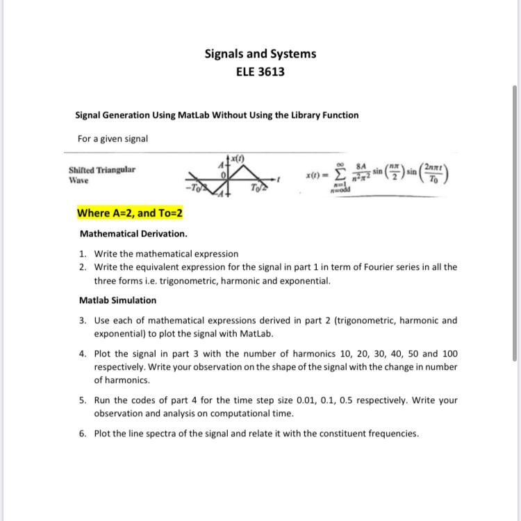Solved Signals and Systems ELE 3613 Signal Generation Using | Chegg.com