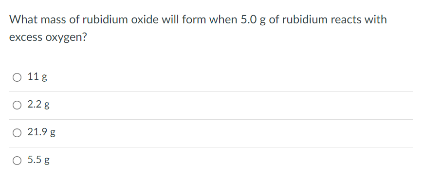 Solved What mass of rubidium oxide will form when 5.0 g of | Chegg.com