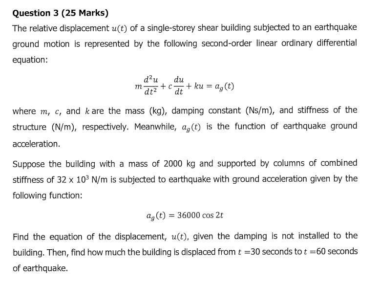 Solved Question 3 (25 Marks) The relative displacement u(t) | Chegg.com