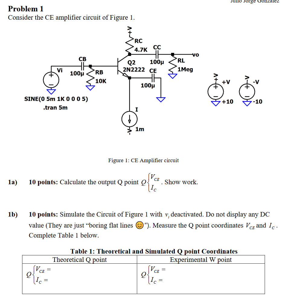 Solved Problem 1Consider the CE amplifier circuit of Figure | Chegg.com