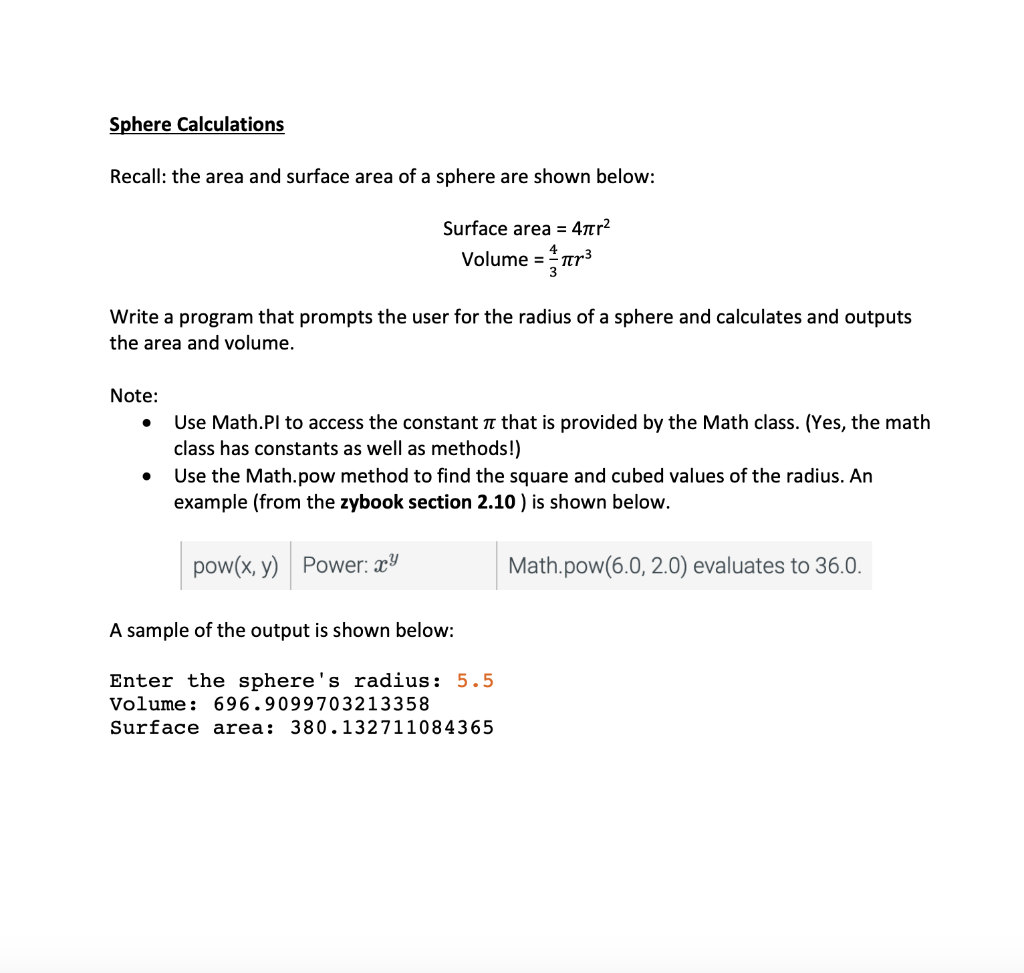 Solved Sphere Calculations Recall: the area and surface area | Chegg.com