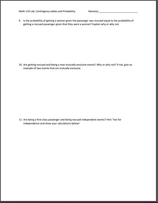Solved Math 119 Lab: Contingency tables and Probability The | Chegg.com