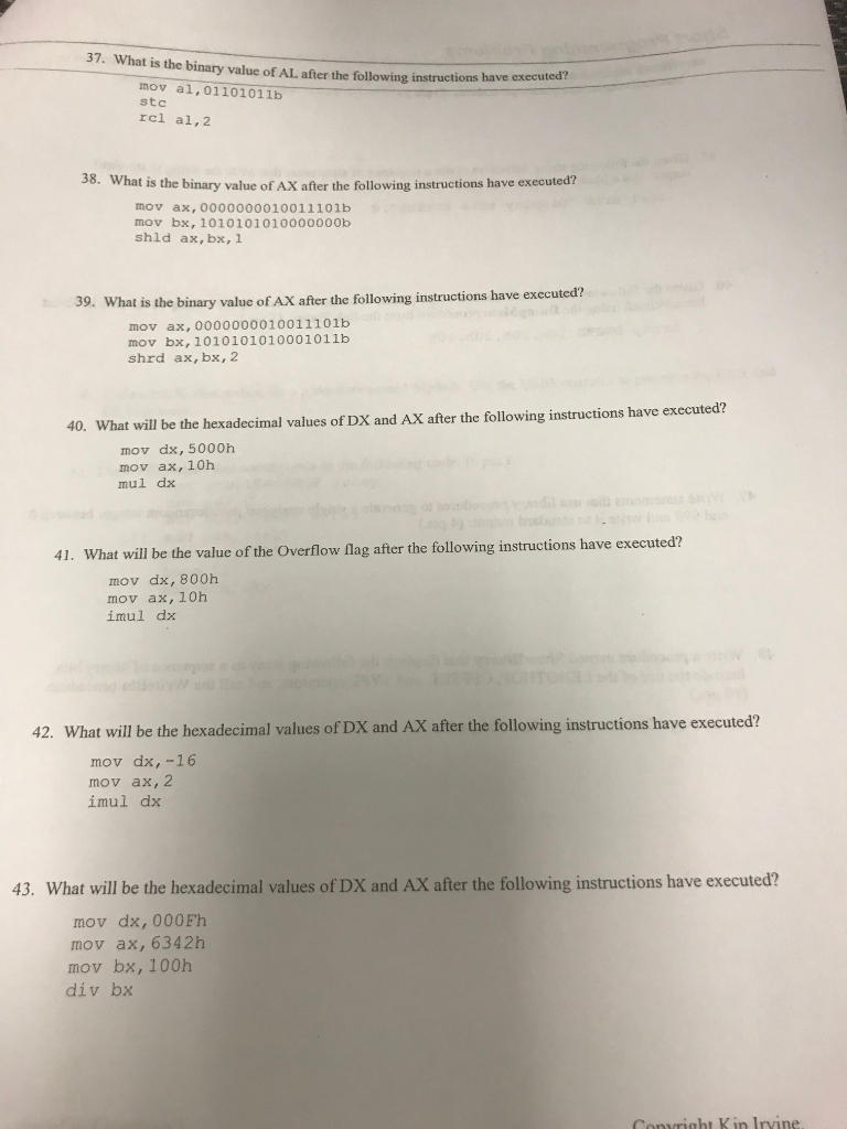 Solved 37. What is the binary value of AL after the | Chegg.com