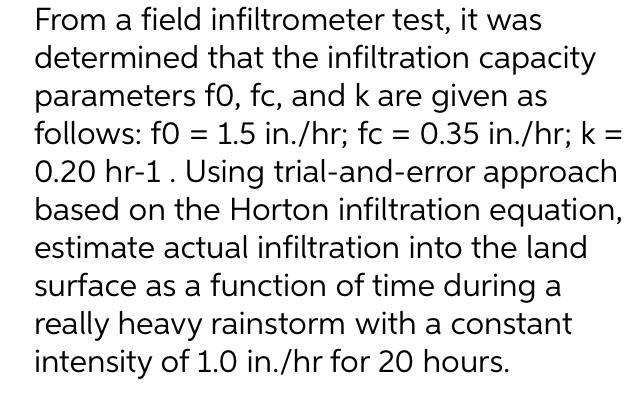 Solved From a field infiltrometer test, it was determined | Chegg.com