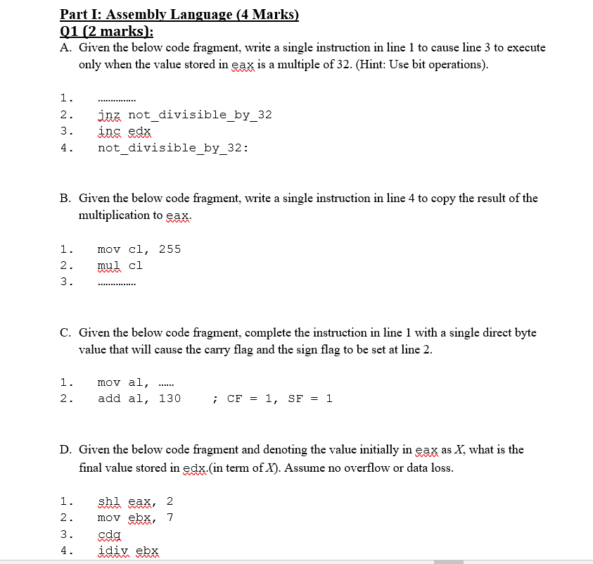 Solved Part I: Assembly Language (4 Marks) Q1 (2 marks): A. | Chegg.com