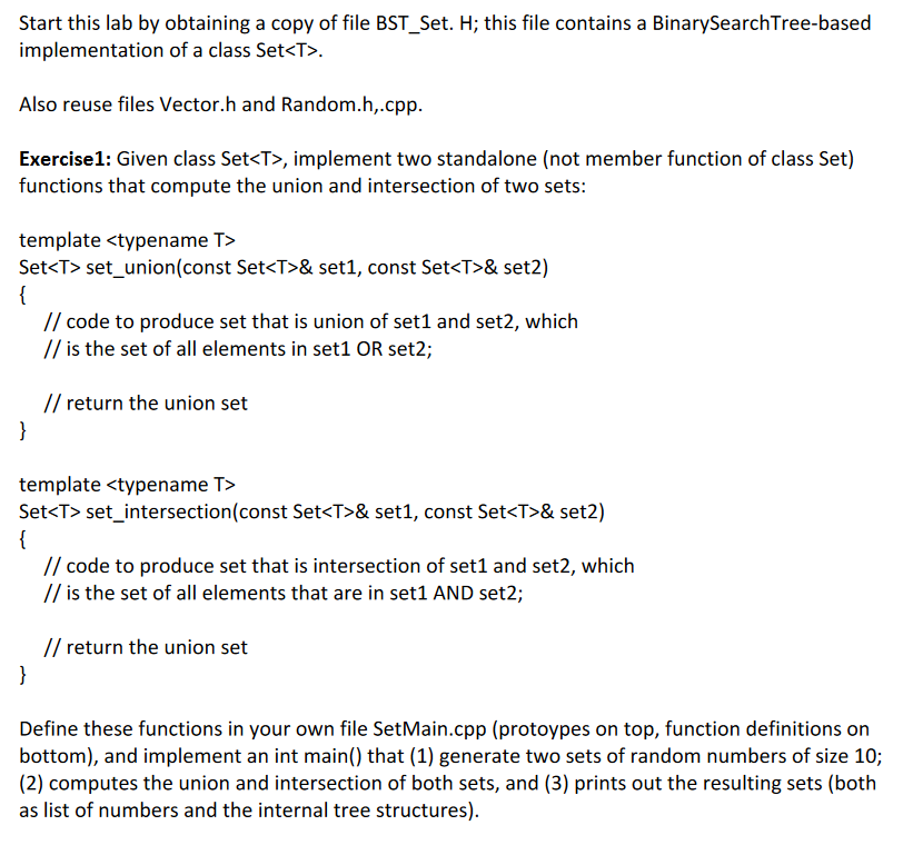 Start this lab by obtaining a copy of file BST_Set. | Chegg.com