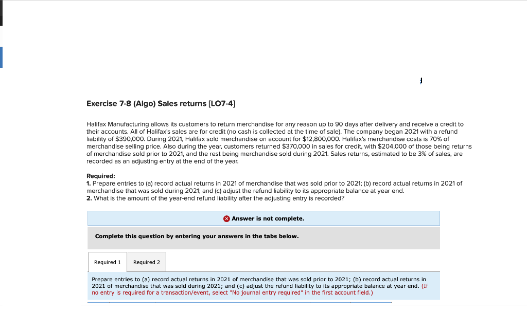 Solved Exercise 7-8 (Algo) Sales returns (L07-4) Halifax | Chegg.com