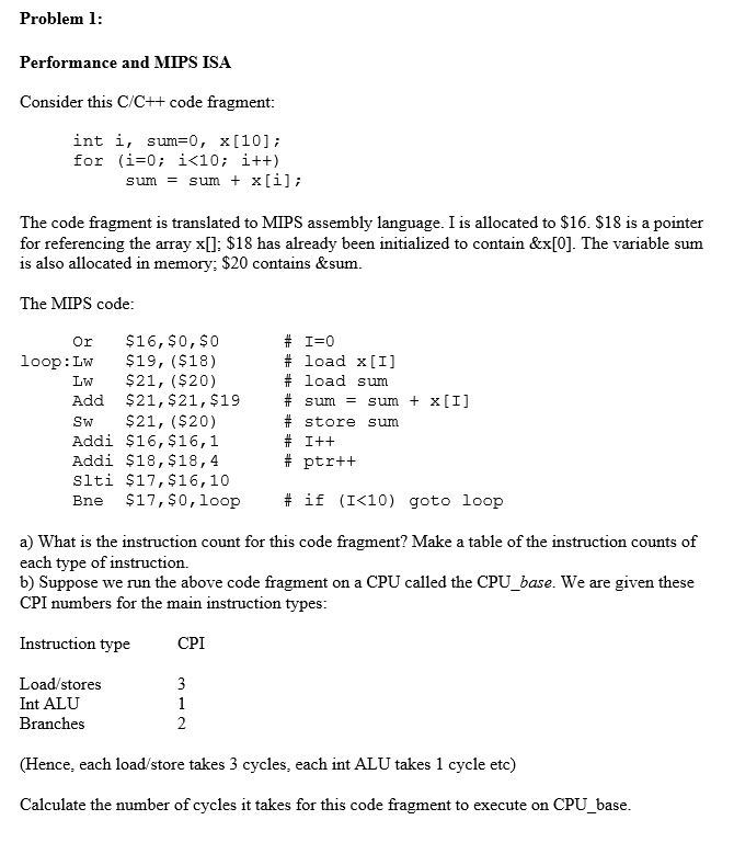 Solved Problem1 Performance and MIPS ISA Consider this C/C+t | Chegg.com Solved Problem1 Performance and MIPS ISA Consider this C/C+t | Chegg.com