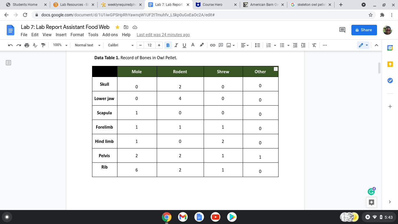 I need an owl pellet bone sorting chart that shows | Chegg.com