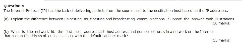 Solved Question 4 The Internet Protocol (IP) has the task of | Chegg.com