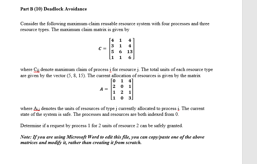Solved Part B (10) Deadlock Avoidance Consider the following | Chegg.com