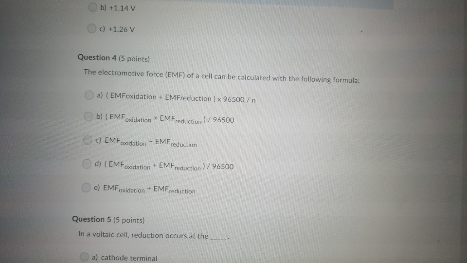 Solved b) +1.14V c) +1.26V Question 4 (5 points) The | Chegg.com