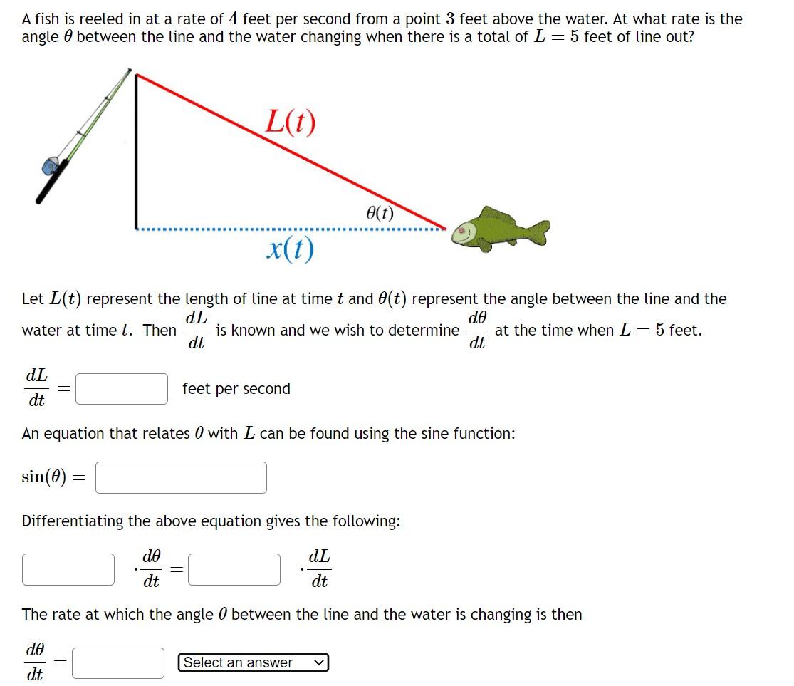 Solved A fish is reeled in at a rate of 4 feet per second | Chegg.com