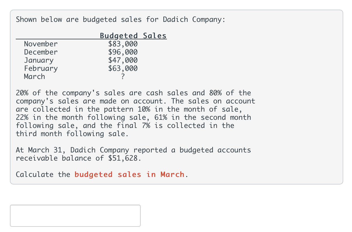 Solved Shown below are budgeted sales for Dadich Company: | Chegg.com
