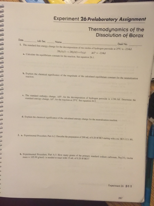Solved Experiment 26 Prelaboratory Assignment Thermodynamics | Chegg.com