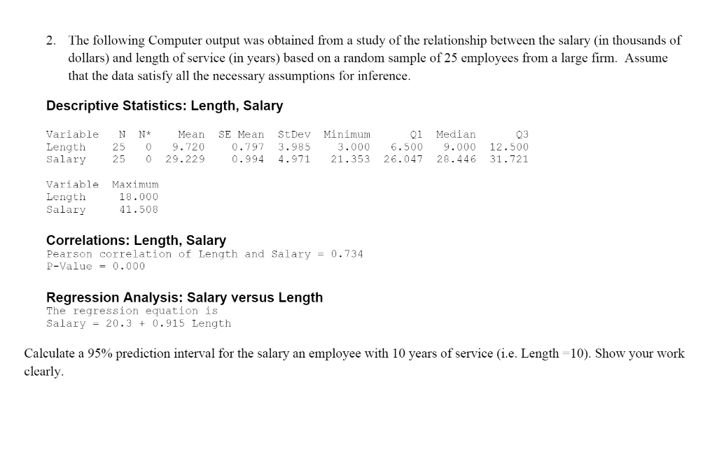 Solved 2. The following Computer output was obtained from a | Chegg.com