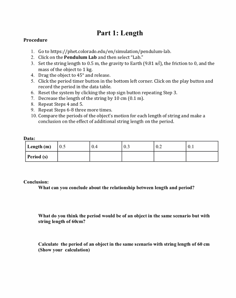 Solved Part 3: Gravity Procedures: 1. Set the string length | Chegg.com