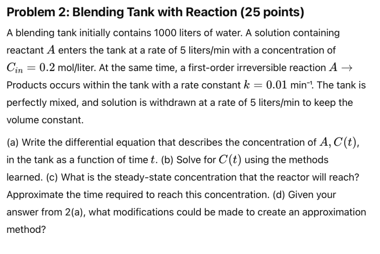 Solved Problem 2: Blending Tank with Reaction (25 ﻿points) | Chegg.com