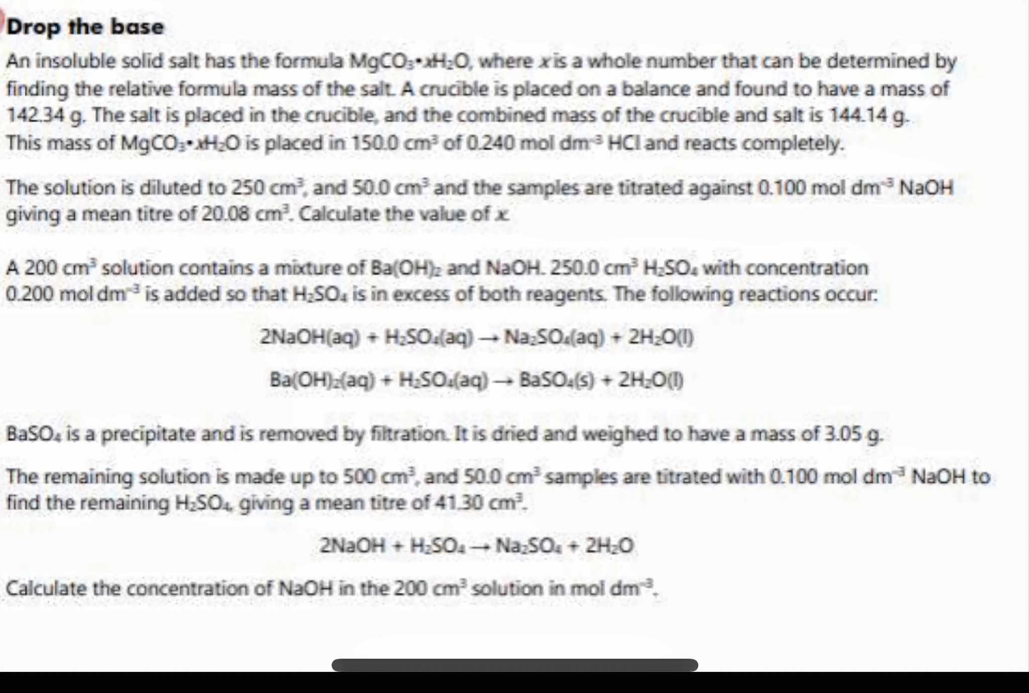 Solved 1.15 g of a pure solid sample of a hydroxide with the | Chegg.com