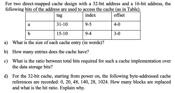 Solved For two direct-mapped cache design with a 32-bit | Chegg.com