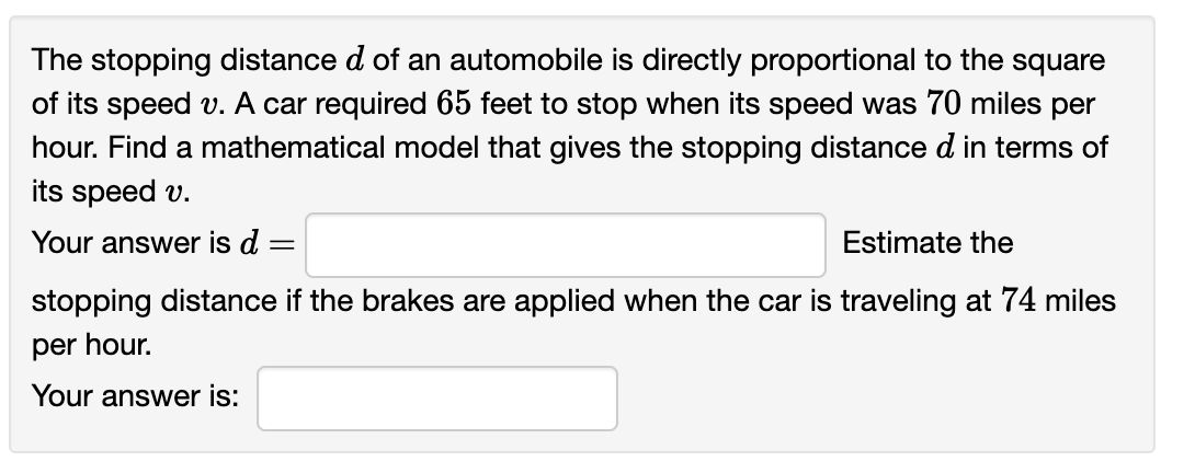 Solved The stopping distance d of an automobile is directly | Chegg.com