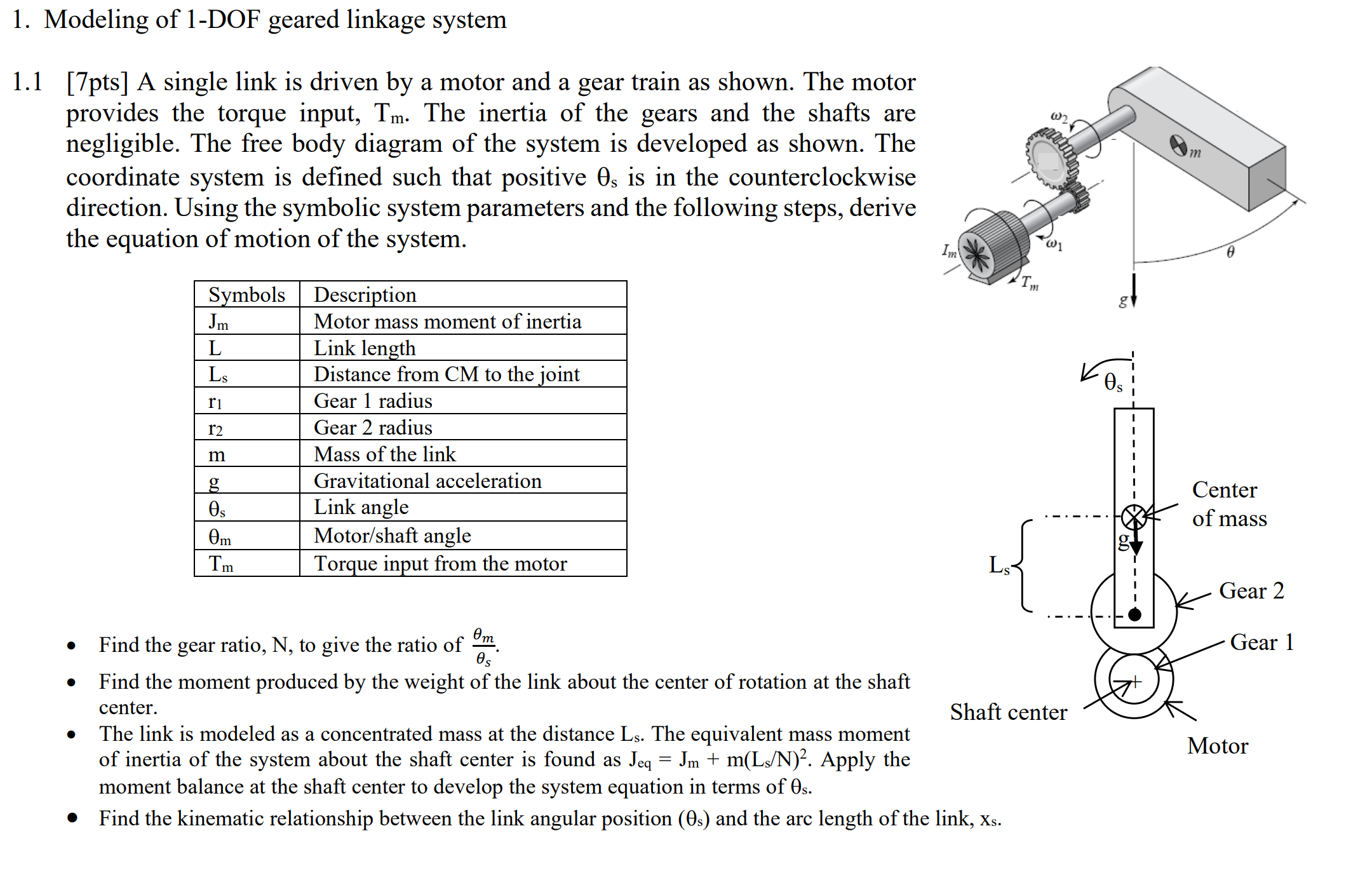 Solved 1. Modeling of 1-DOF geared linkage system 1.1 [7pts] | Chegg.com