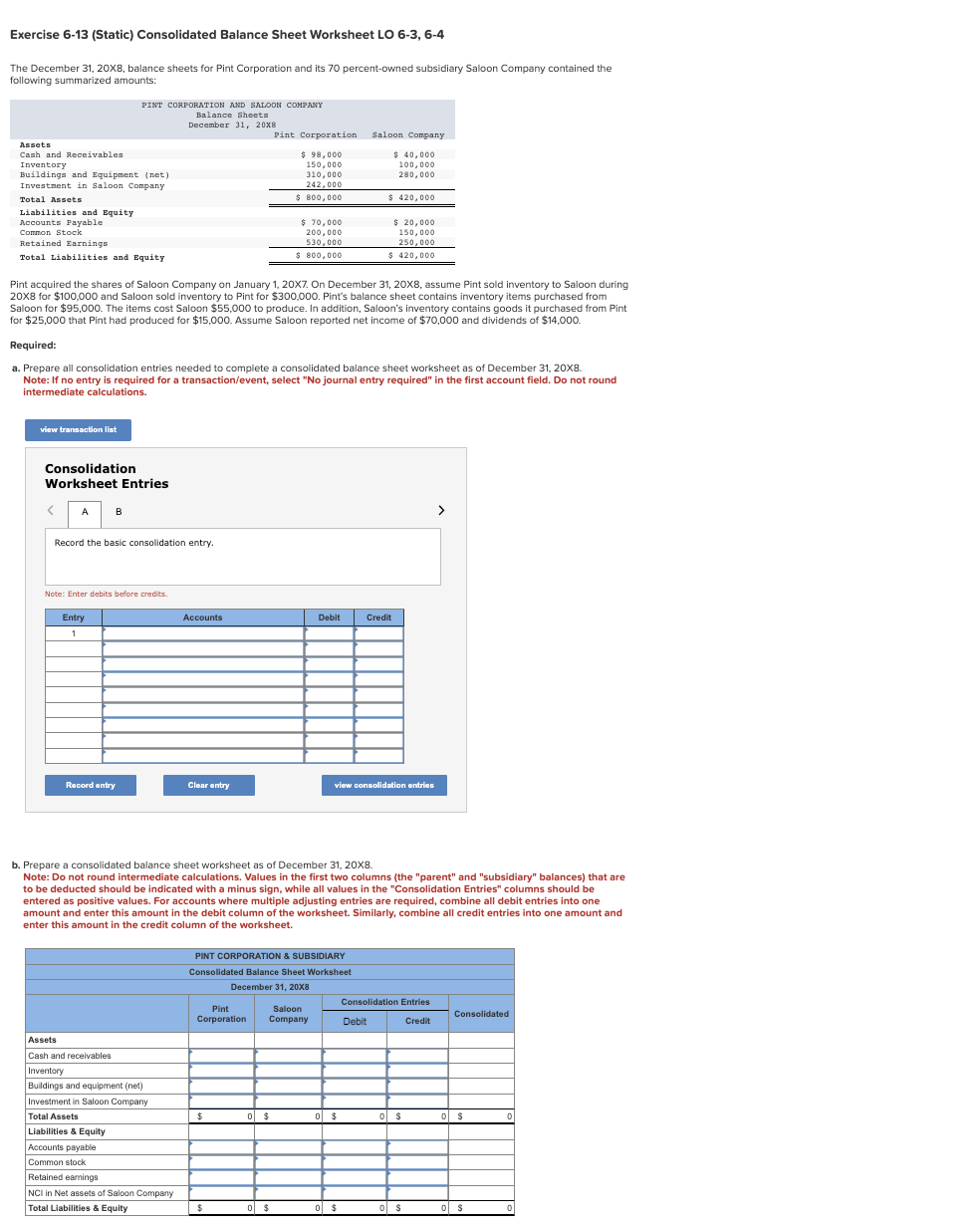 Solved Exercise 6-13 (Static) Consolidated Balance Sheet | Chegg.com