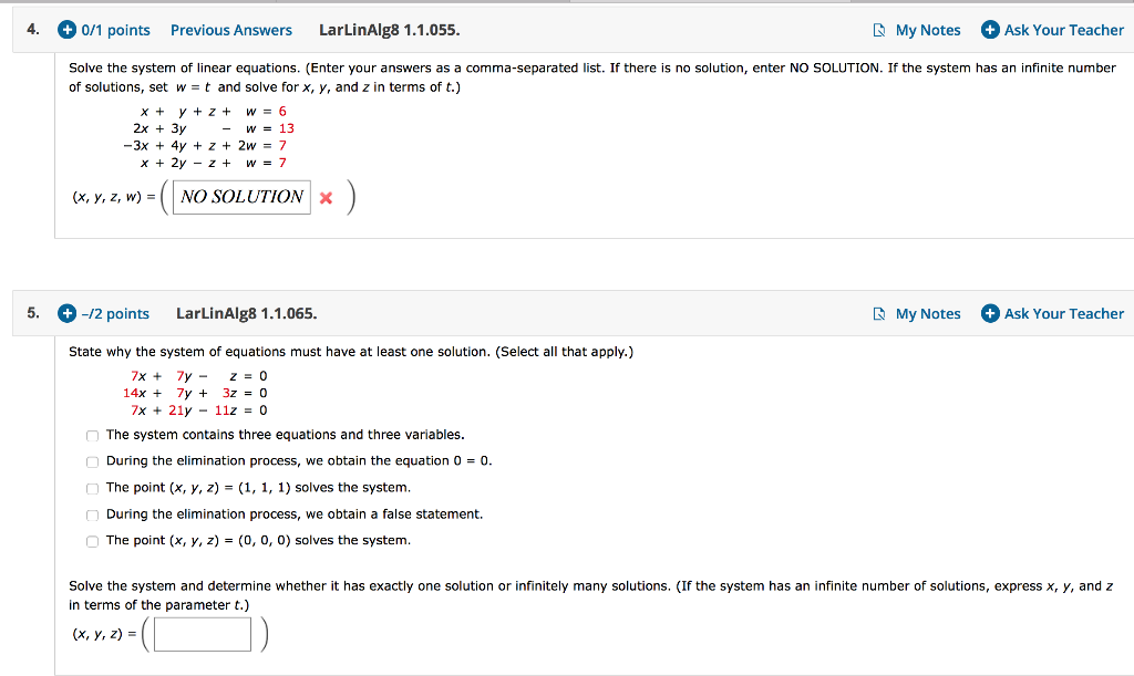 Solved 4. + 0/1 points Previous Answers LarLinAlg8 1.1.055. | Chegg.com