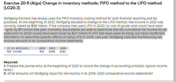 Solved Exercise 20-9 (Algo) Change in inventory methods; | Chegg.com