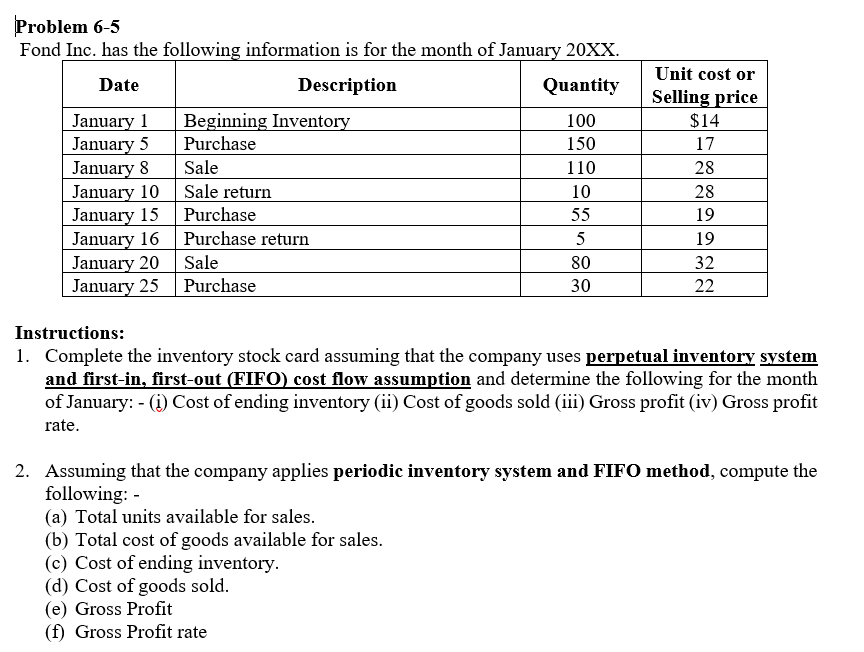 Solved Problem 6-5 Fond Inc. has the following information | Chegg.com