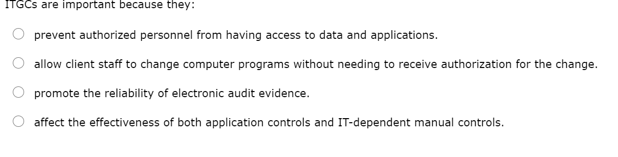 Solved ITGCs are important because they: prevent authorized | Chegg.com