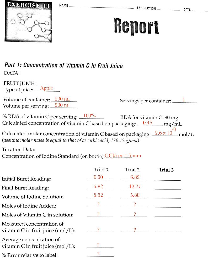 EXERCISE 11 NAME LAB SECTION DATE Report Part 1: | Chegg.com