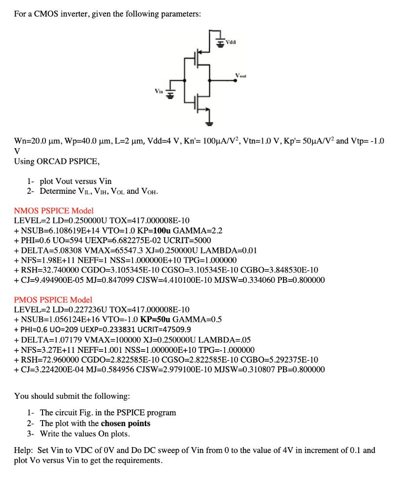 Solved For a CMOS inverter, given the following parameters: | Chegg.com