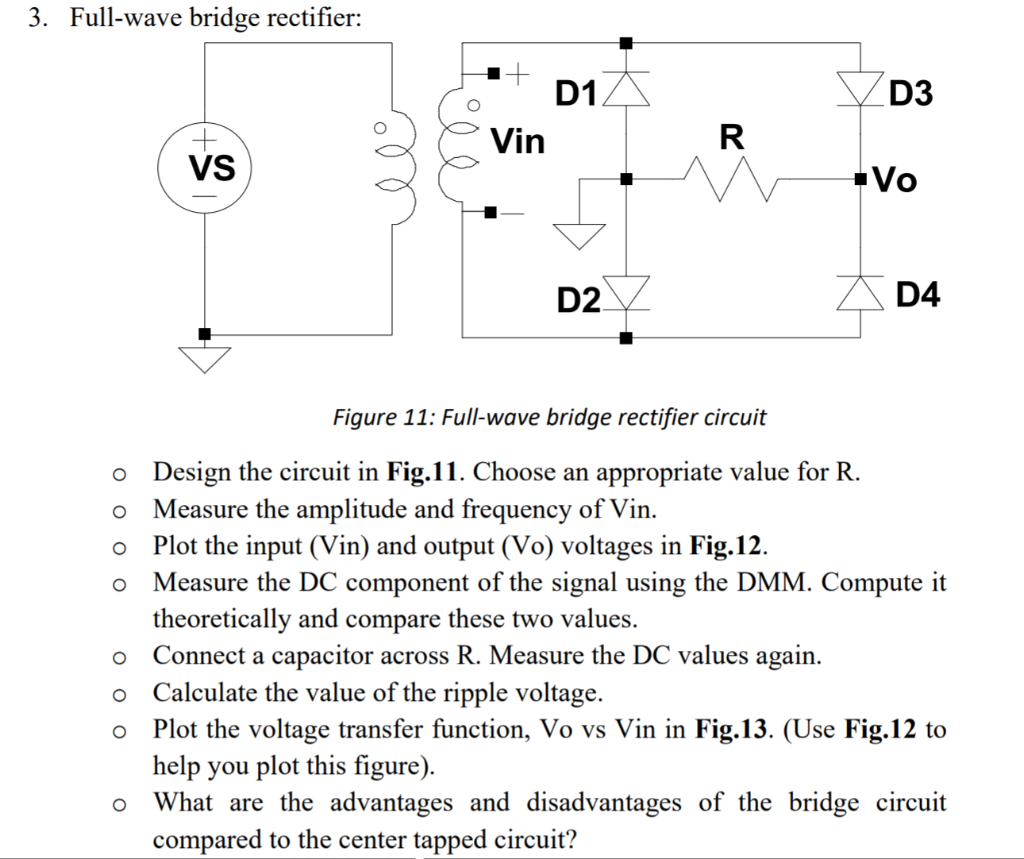 Solved 3. Full-wave bridge rectifier: D1 1 D3 + VS Vin R Vo | Chegg.com