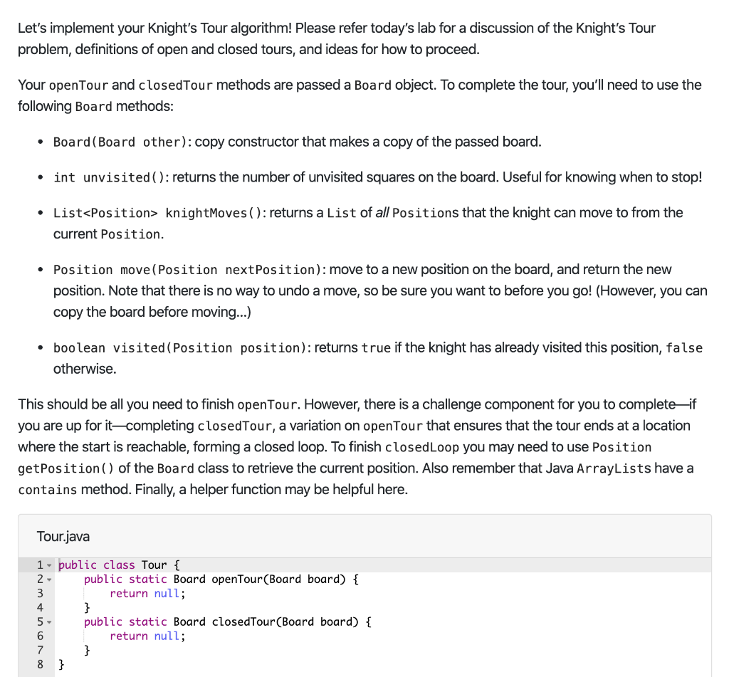 Let's implement your Knight's Tour algorithm! Please | Chegg.com