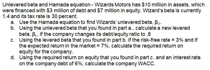 Solved Unlevered beta and Hamada equation - Wizards Motors | Chegg.com