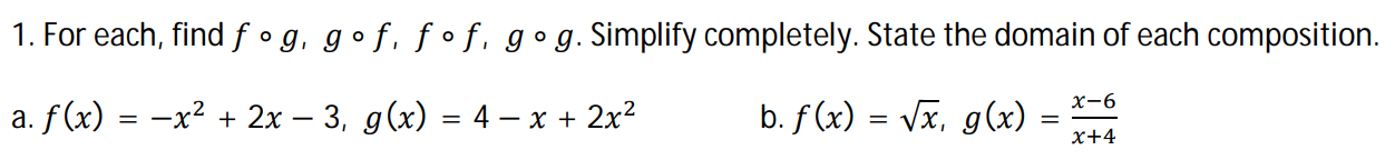 Solved 1. For each, find fog, gof, fof, gºg. Simplify | Chegg.com