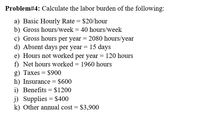 Solved Problem#4: Calculate the labor burden of the | Chegg.com