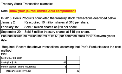Solved Treasury Stock Transaction example: Note: show your | Chegg.com